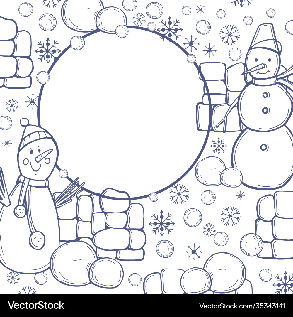 Snow fortress and snowmen frame Royalty Free Vector Image