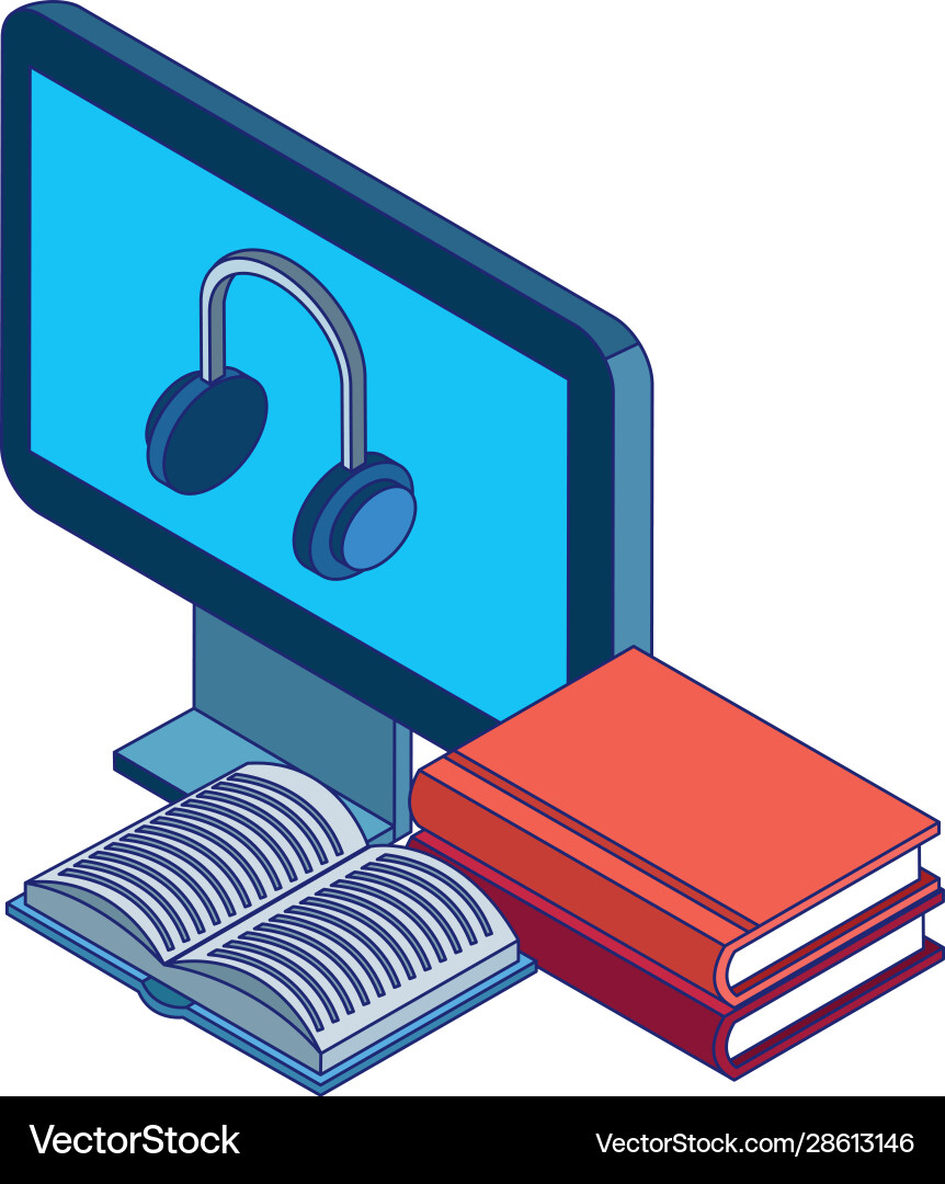 Books and computer with headphones on screen Vector Image
