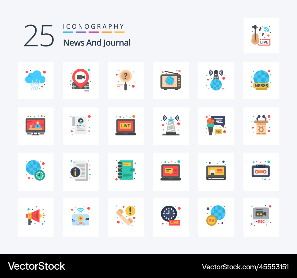 News 25 flat color icon pack including Royalty Free Vector