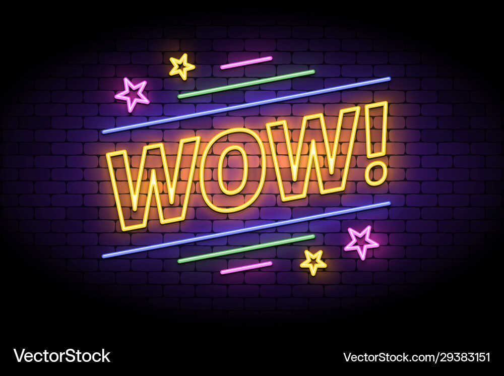 Wow label in glowing neon style on a brick wall Vector Image