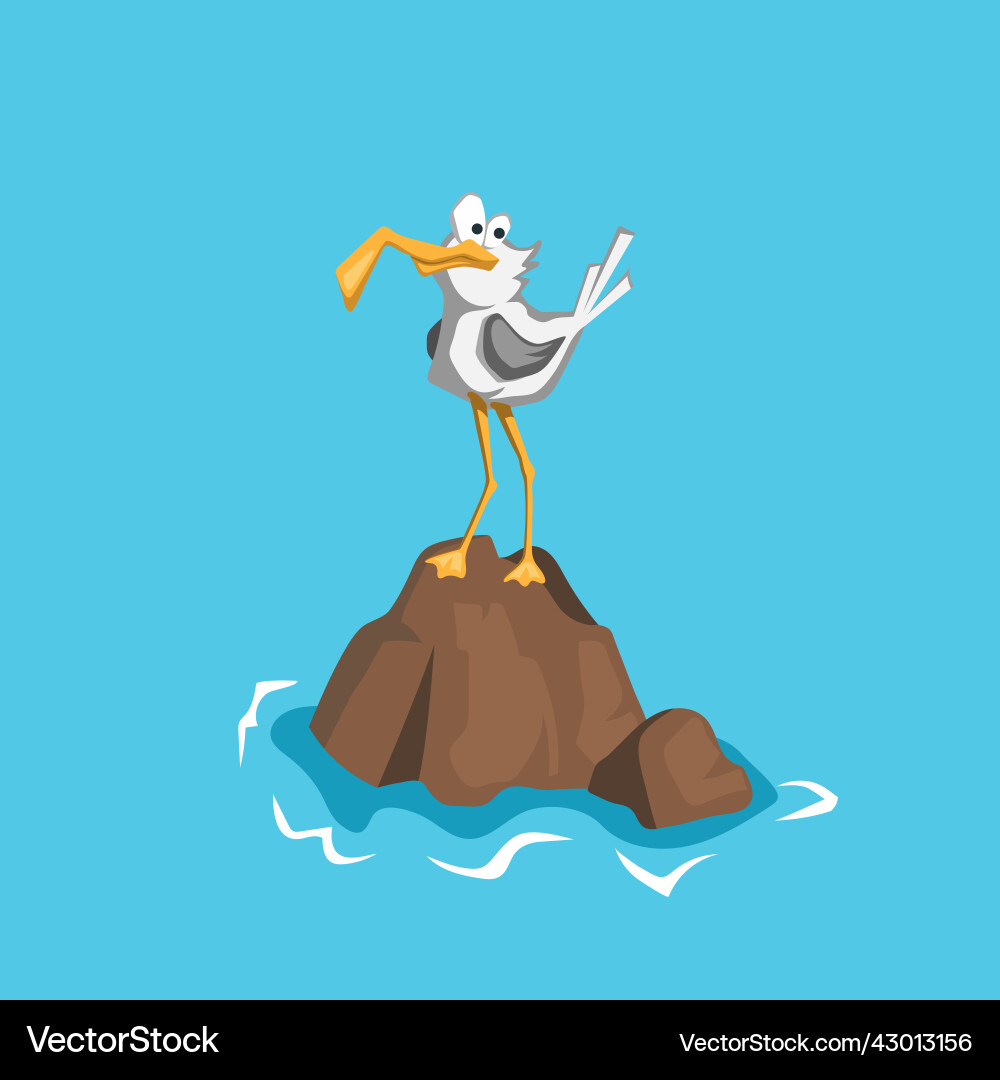Cartoon gull comic seagull on stone crazy bird Vector Image