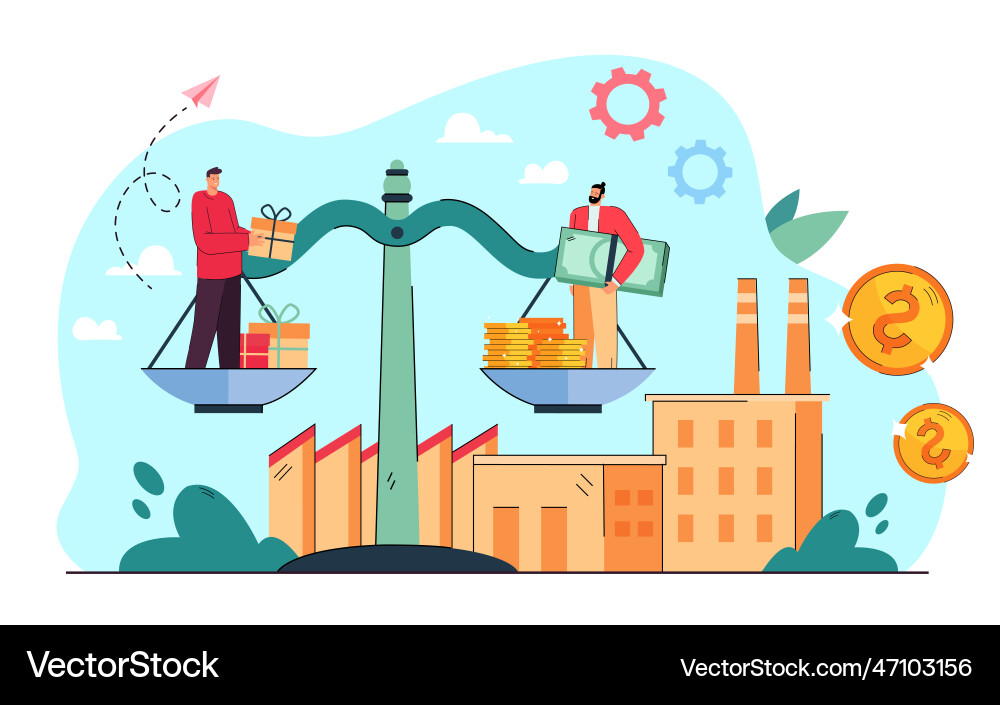 Tiny businessmen standing on giant scales Vector Image