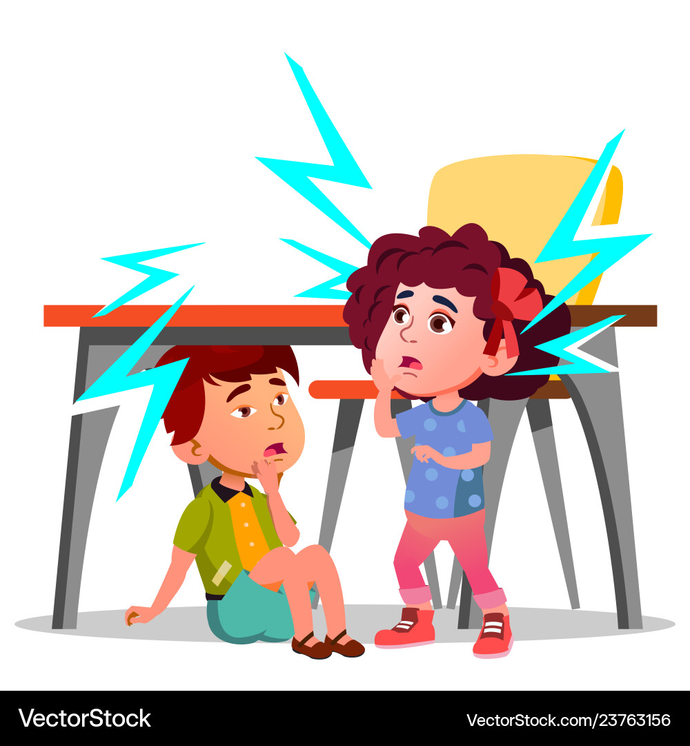 Two frightened kids sitting under table during Vector Image