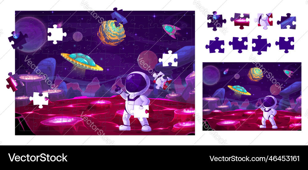 Space and astronaut on planet jigsaw puzzle game Vector Image