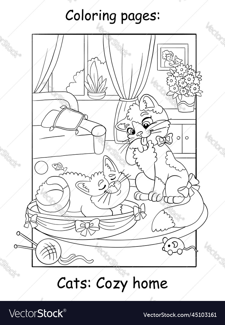 Two cute cats in home kids coloring book page Vector Image