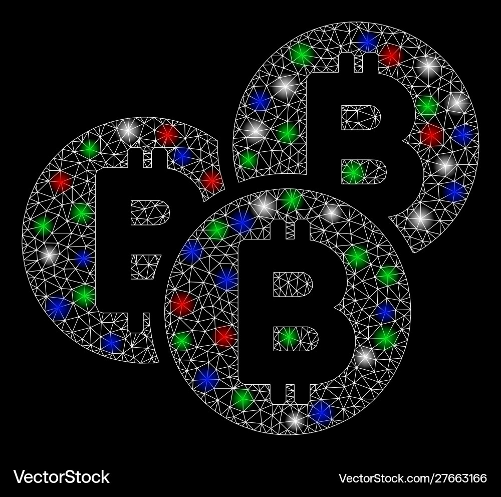 Bright mesh 2d bitcoin coins with flare spots Vector Image
