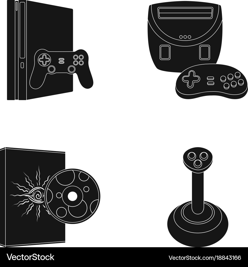 Game console joystick and disc black icons in set Vector Image