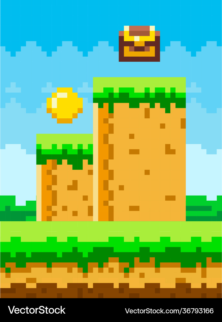 Pixel-game background with coins in sky pixel art Vector Image