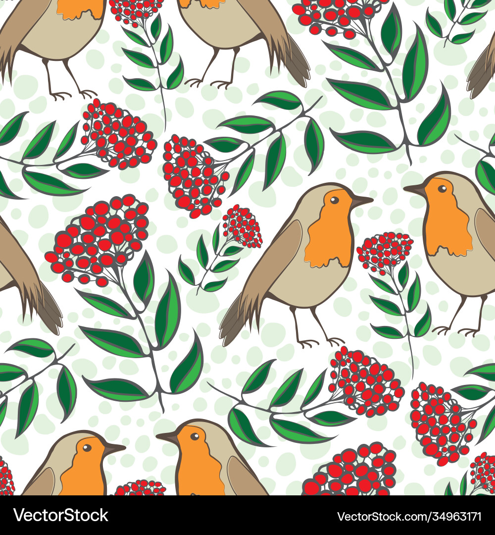 Robin redbreast berries and leaves seamless Vector Image