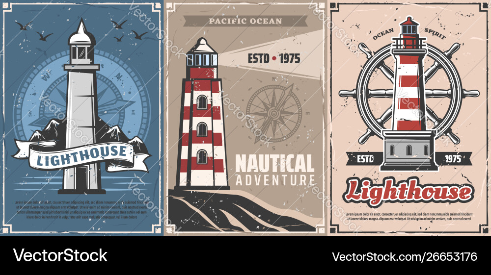 Nautical lighthouses compasses and marine helm Vector Image