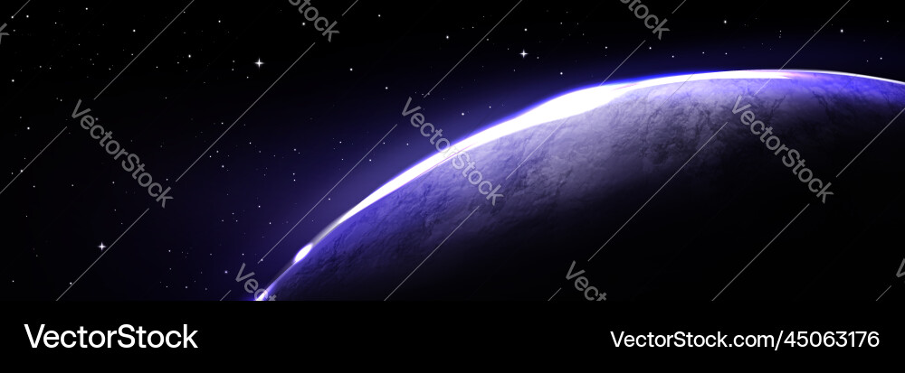 Planet with blue light on horizon in black cosmos Vector Image
