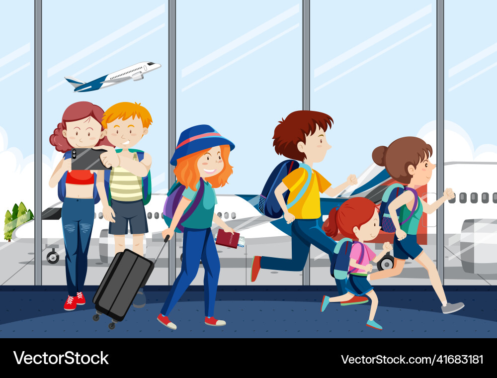 Airport terminal scene with passengers walking Vector Image