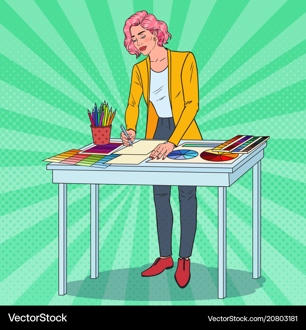 Pop art female graphic designer with working tools