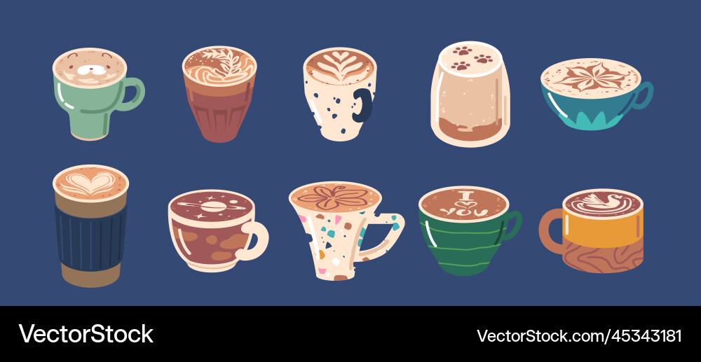 Set of coffee cups with latte art patterns cute Vector Image