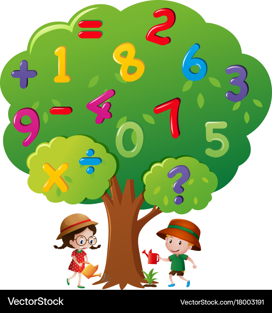 Kids watering the tree with numbers Royalty Free Vector