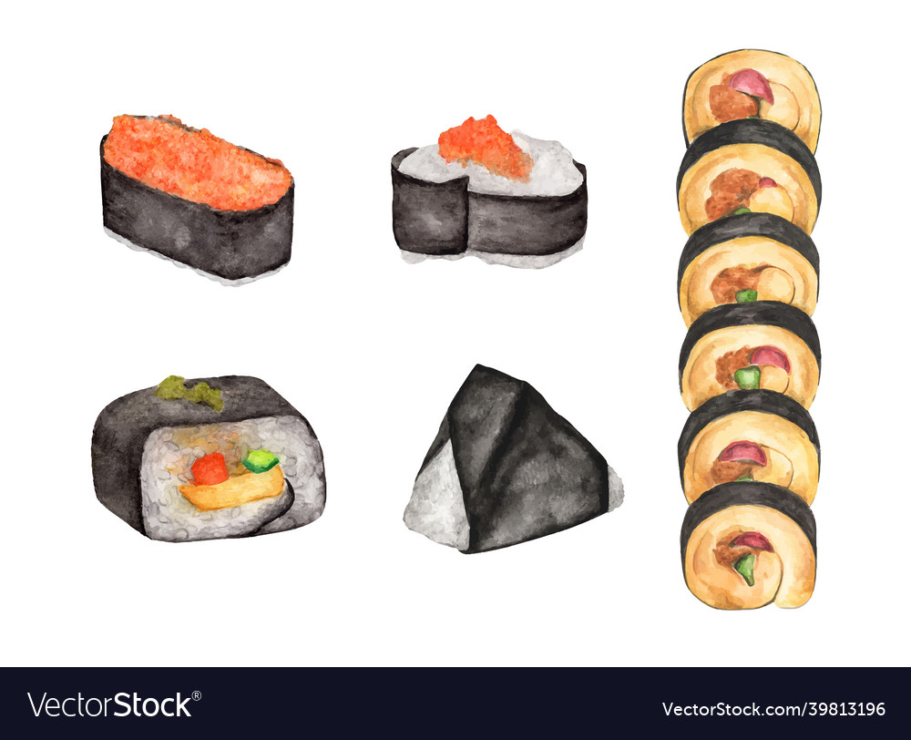 Set of sushi japanese foods watercolor Royalty Free Vector