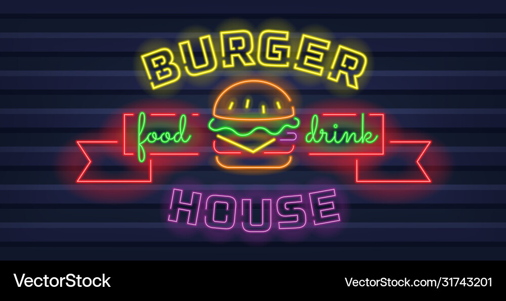 Burger cafe neon sign big on dark wall Royalty Free Vector