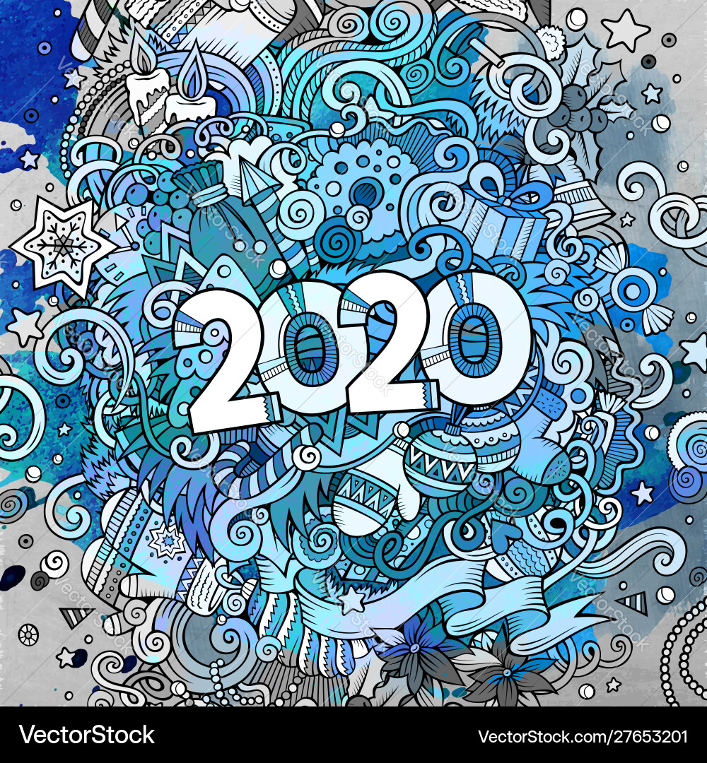 Cartoon cute doodles hand drawn 2020 year Vector Image