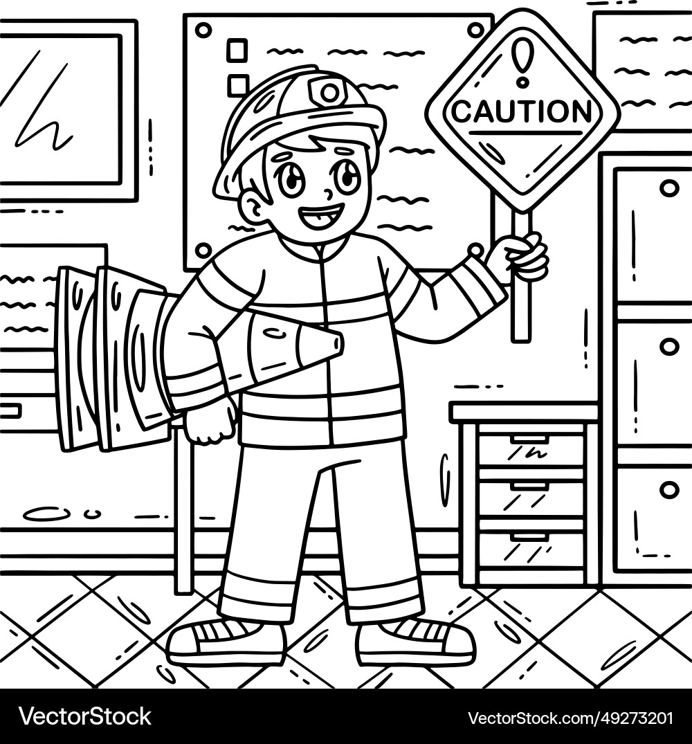 Firefighter with safety signs coloring page Vector Image