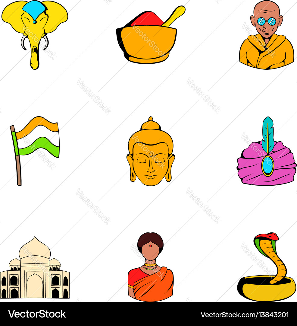 India icons set cartoon style Royalty Free Vector Image