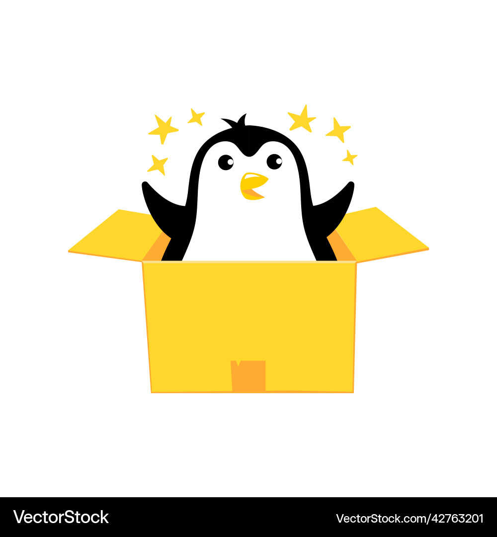 Penguin unboxing gift mascot cartoon Royalty Free Vector