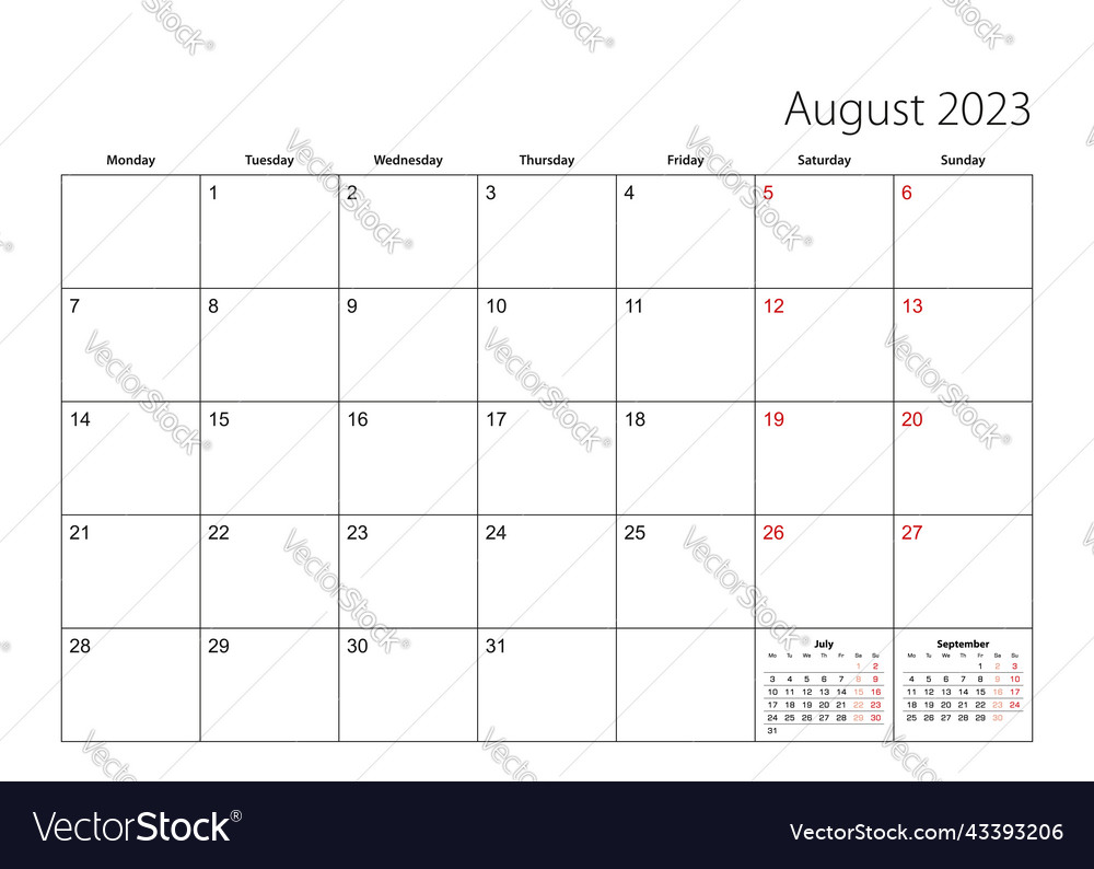 August 2023 simple calendar planner week starts Vector Image