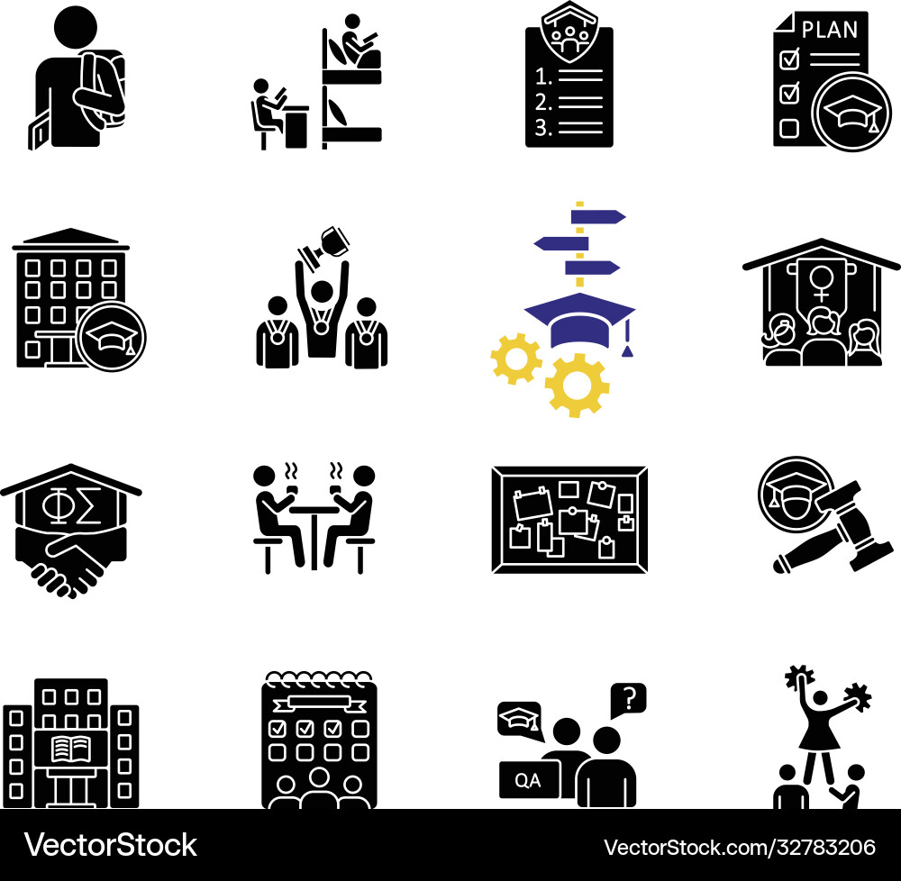Campus life black glyph icons set on white space Vector Image