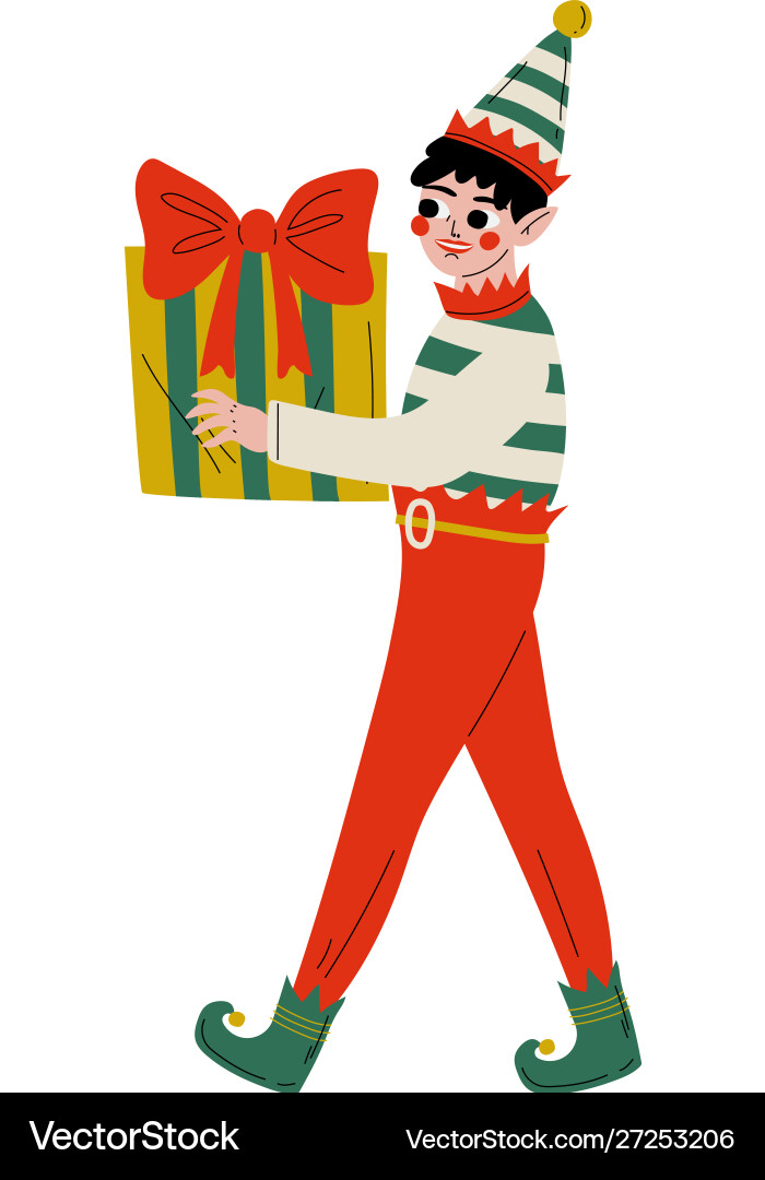 Christmas elf character carrying gift box cute Vector Image