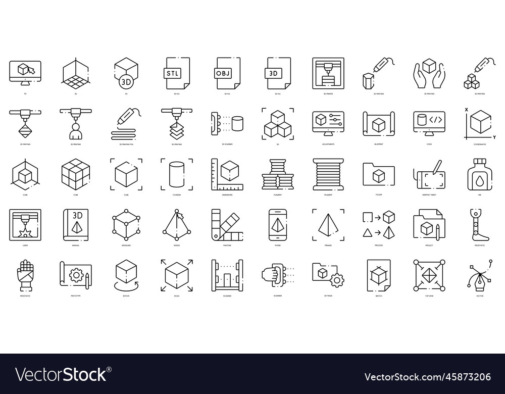 Linear style 3d printing icons bundle Royalty Free Vector
