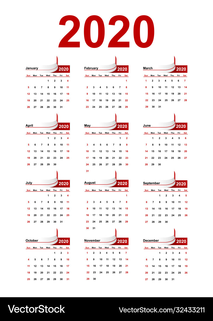 Calendar with curled ribbons 2020 year Royalty Free Vector