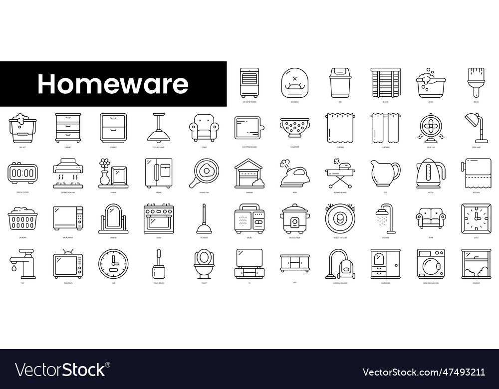 Set of outline homeware icons minimalist thin Vector Image