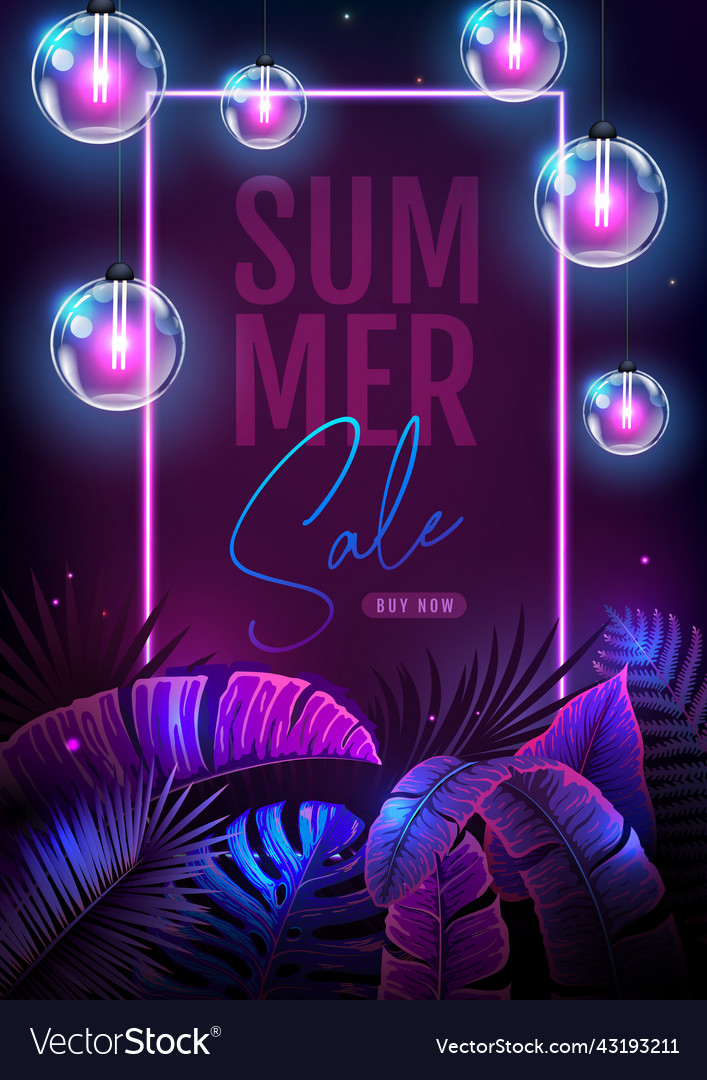 Summer sale poster with fluorescent tropic leaves Vector Image