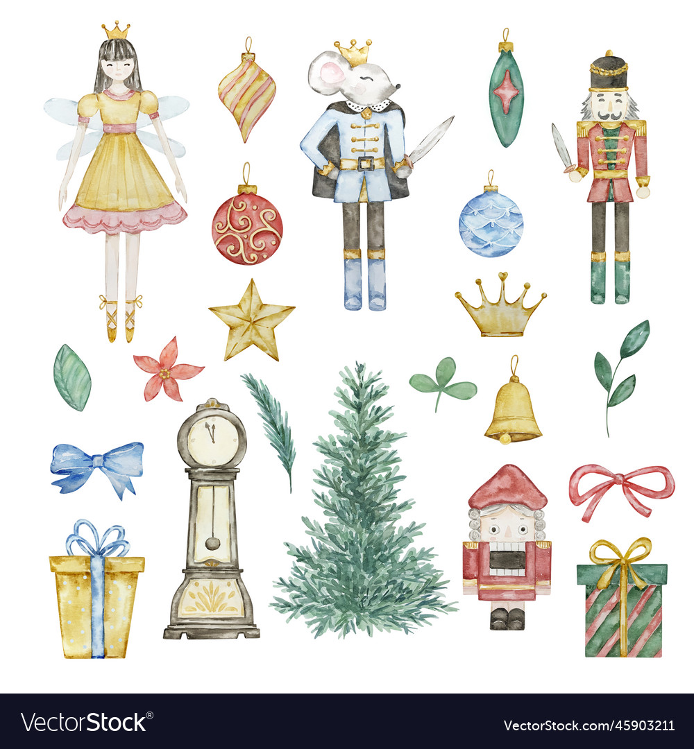 Watercolor nutcracker christmas set ballerina Vector Image