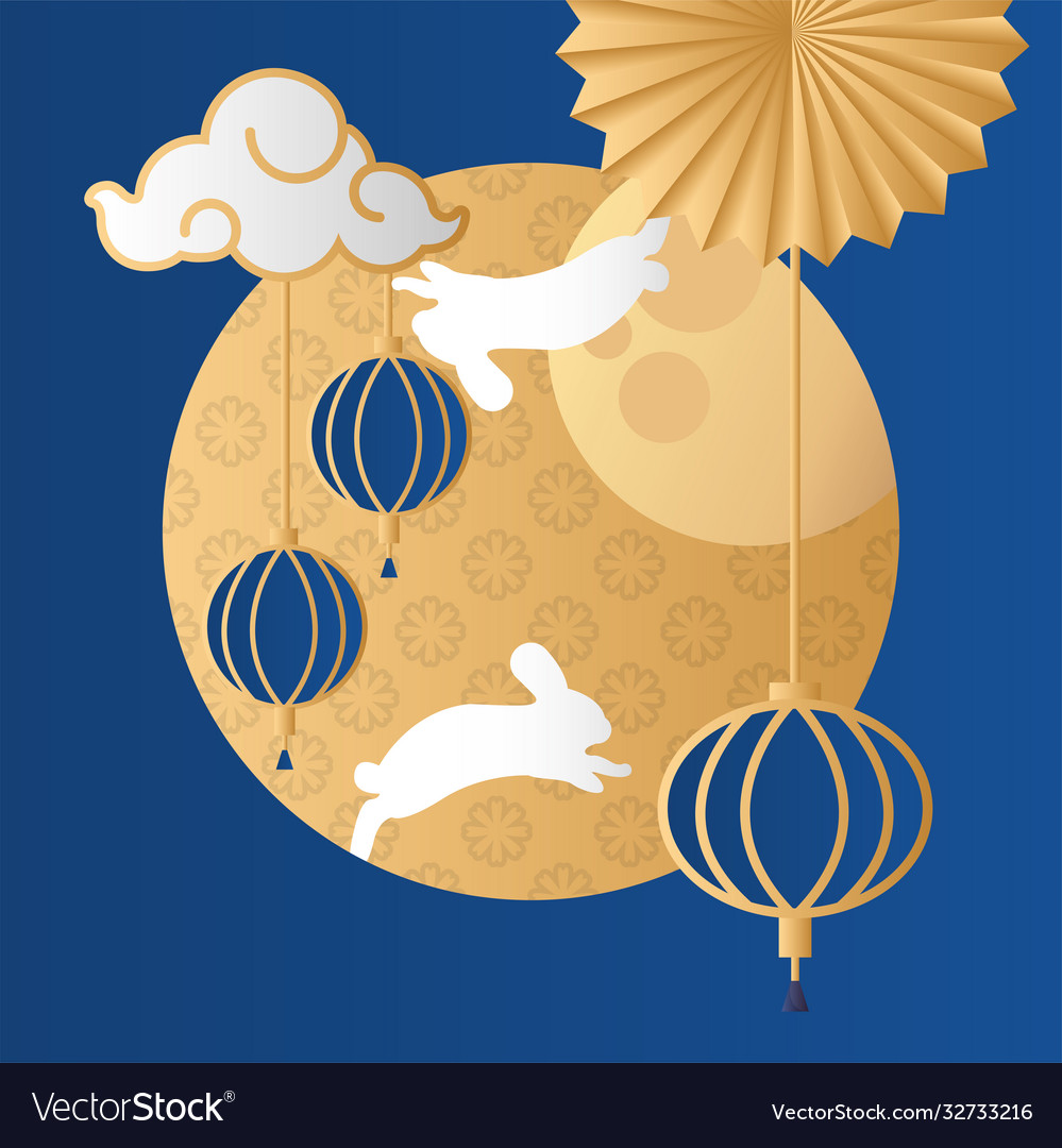 Mid autumn festival moon with rabbits and lanterns