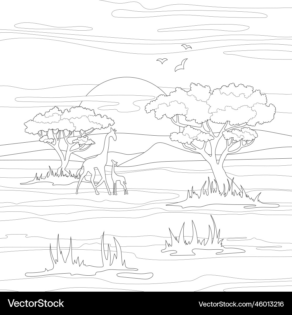 Realistic african landscape with giraffes in savan