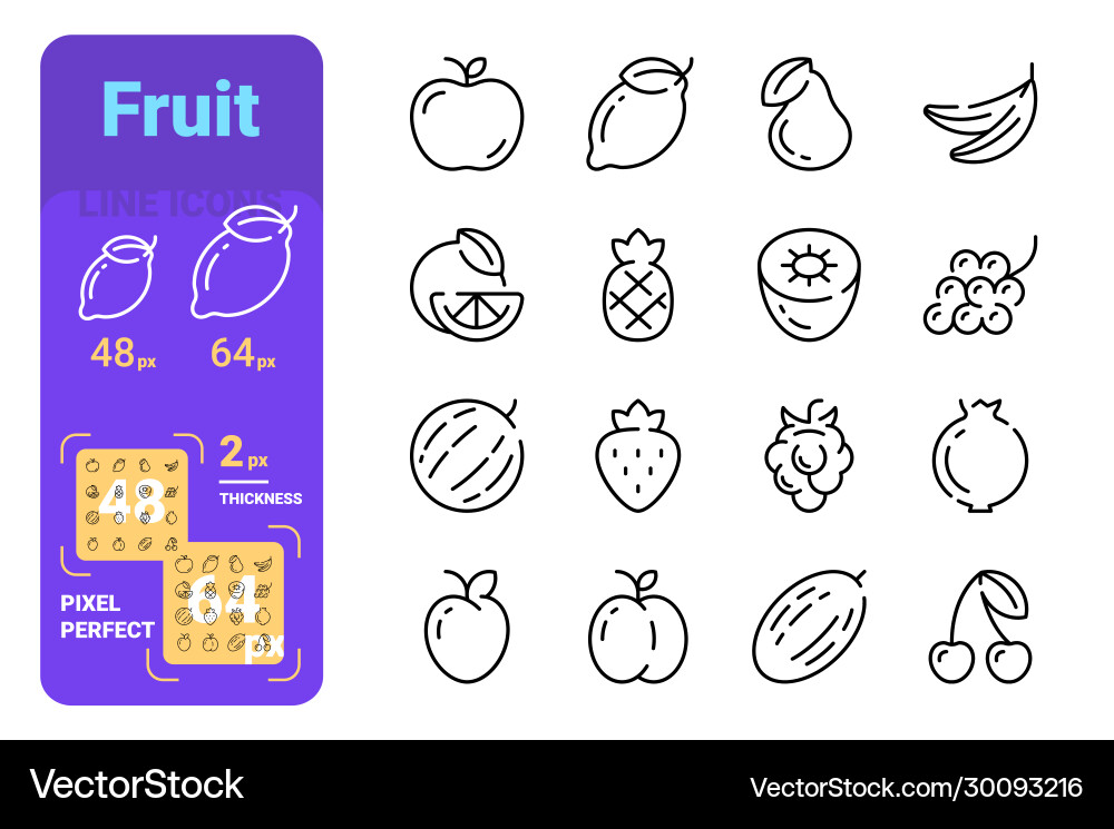 Set fruit simple lines icons fresh products Vector Image