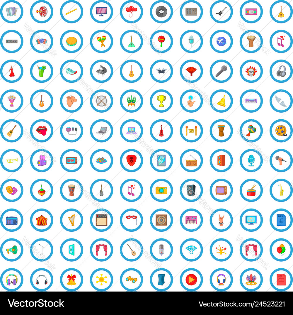 100 musical icons set cartoon style Royalty Free Vector