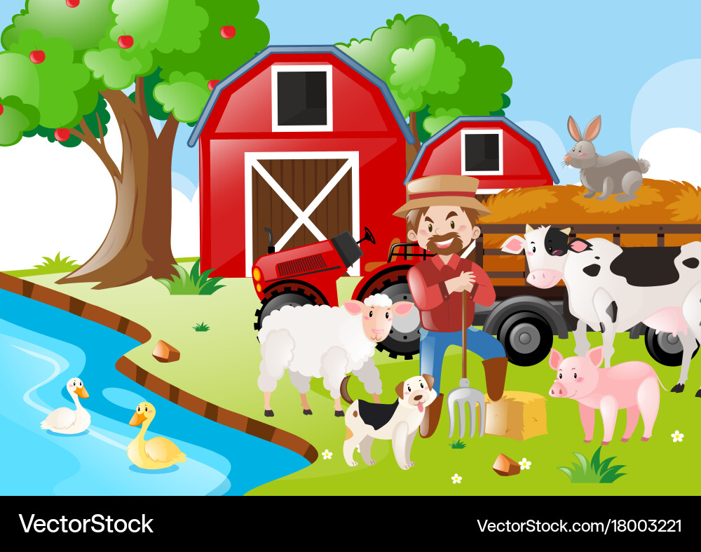 Farm scene with farmer and animals by the river Vector Image