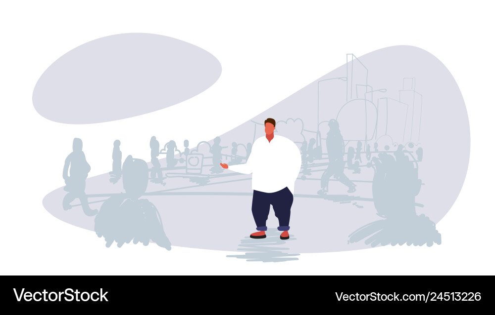 Obese fat man standing out from crowd people Vector Image
