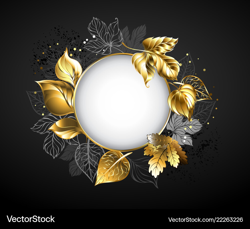 Round banner with leaves on black background Vector Image