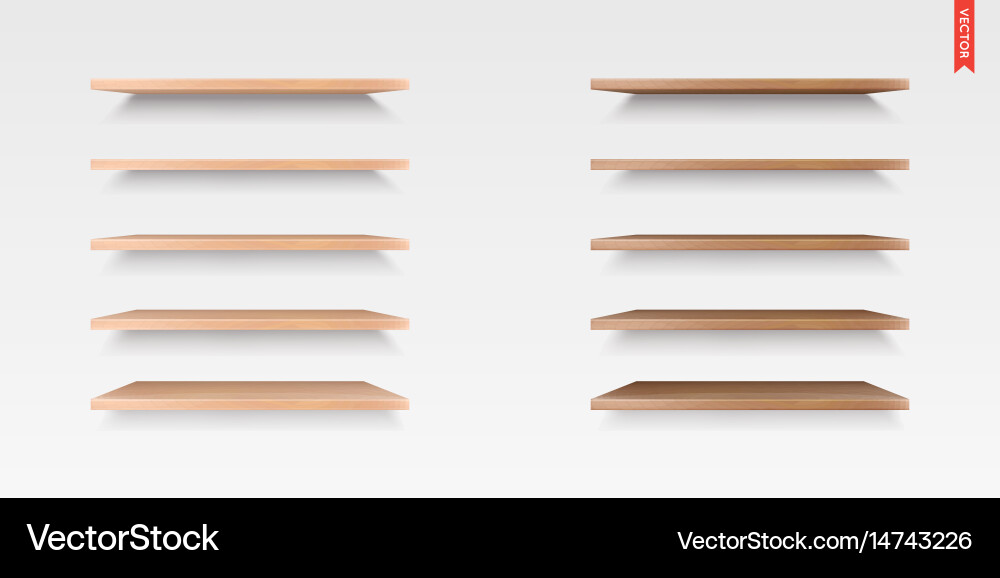 Set wood shelves isolated on wall background Vector Image