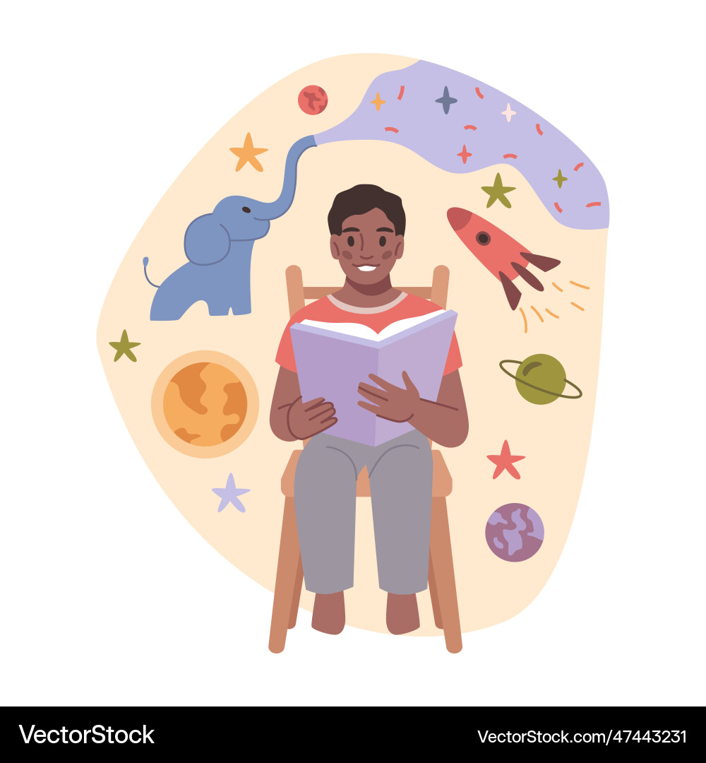 Amazed boy reading fantasy cosmos book about space