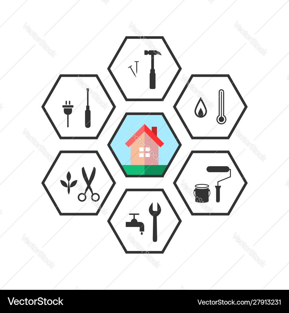 House and work tool icons in line art Royalty Free Vector