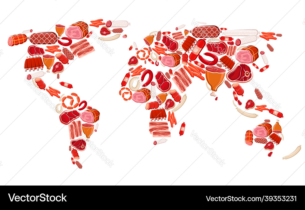 Meat beef and pork sausages world map Royalty Free Vector