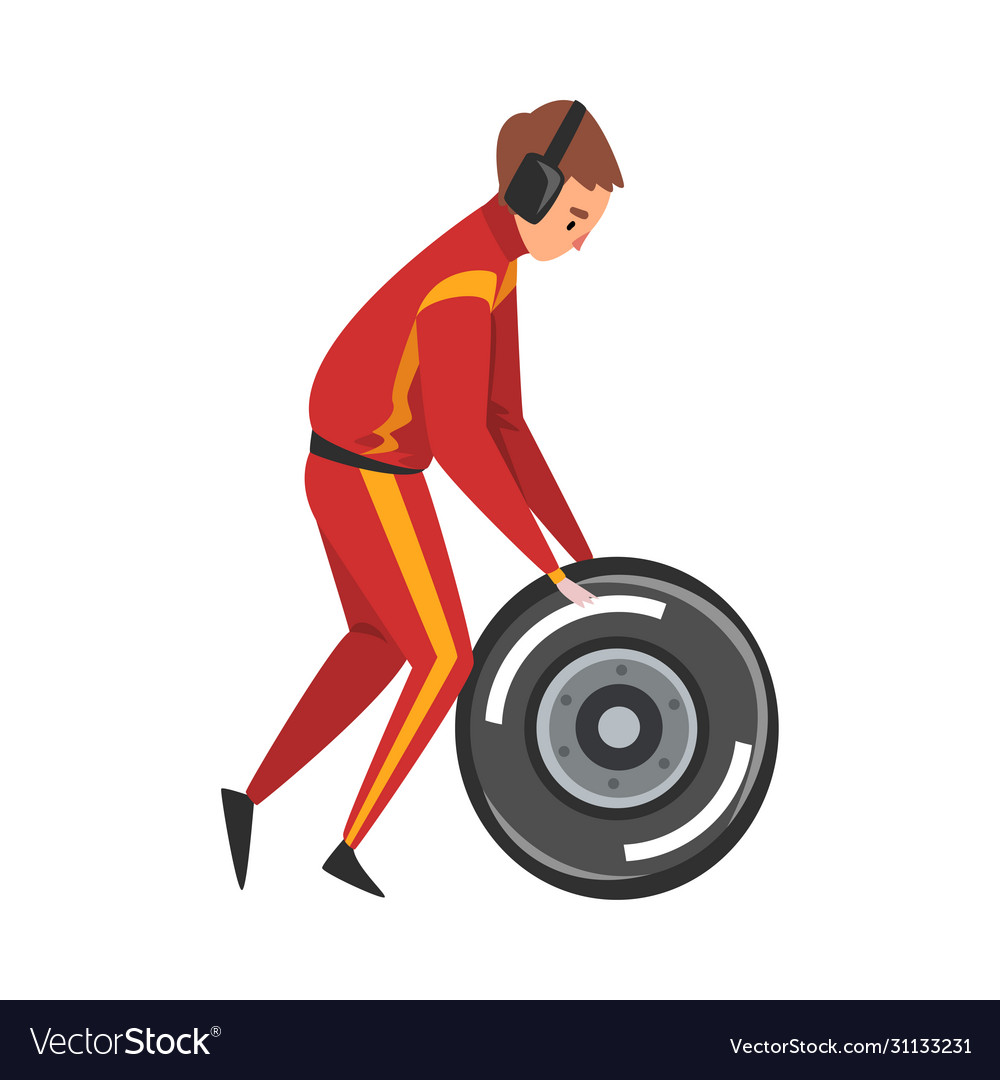 Pit stop crew member in red uniform changing tire Vector Image