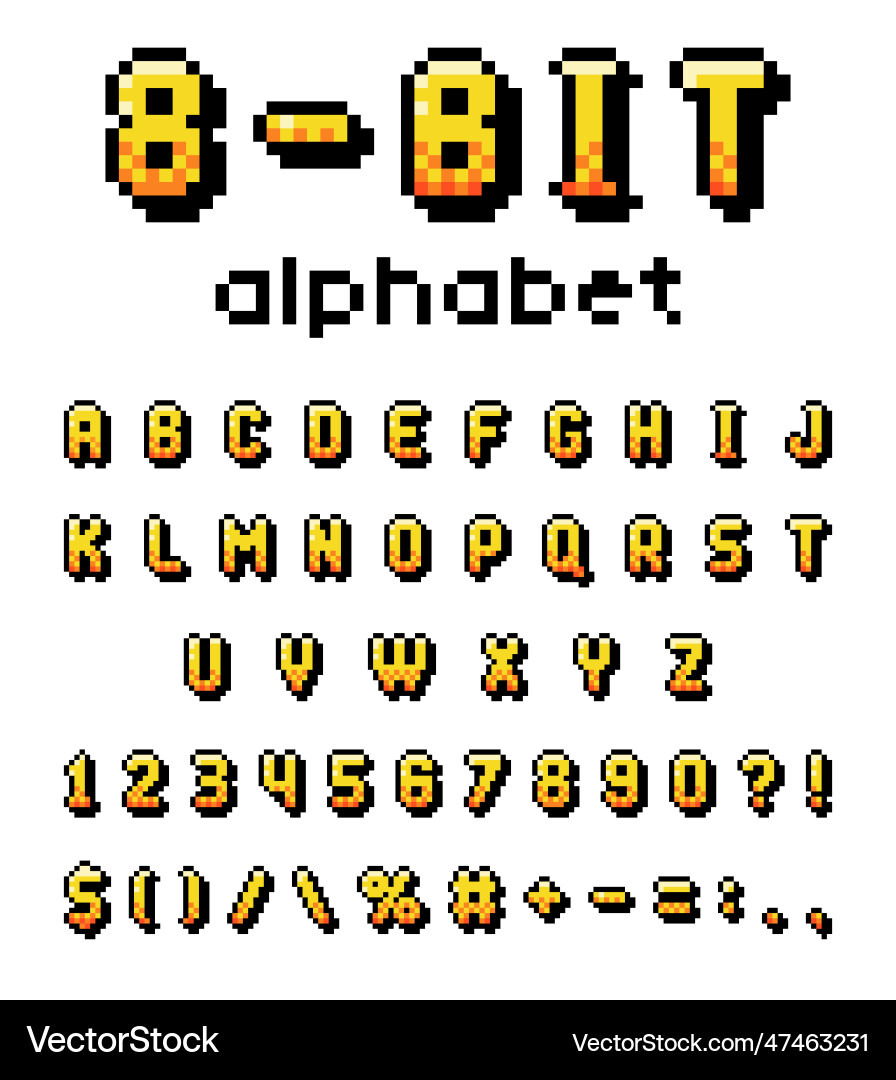 Pixel 8 bit font and alphabet letters and numbers Vector Image