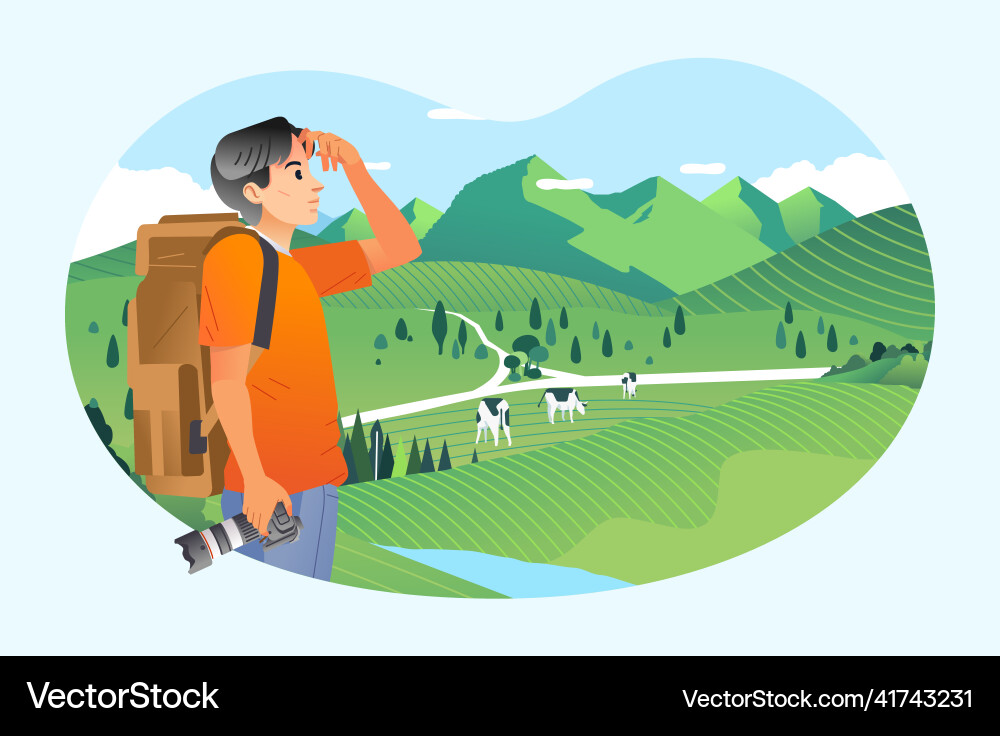 Young man tourist bringing camera and enjoying Vector Image