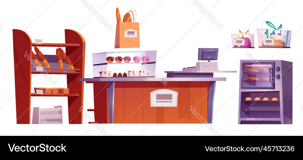 Cartoon set of bakery shop interior elements Vector Image