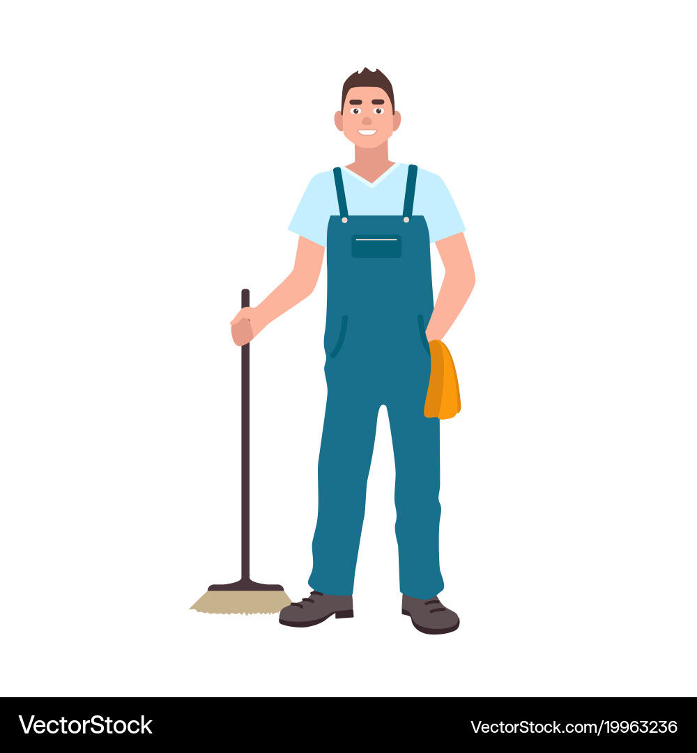Smiling man dressed in dungarees holding scrubber Vector Image