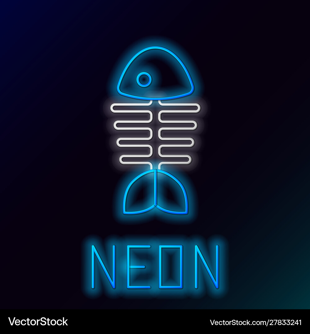 Blue glowing neon line fish skeleton icon isolated